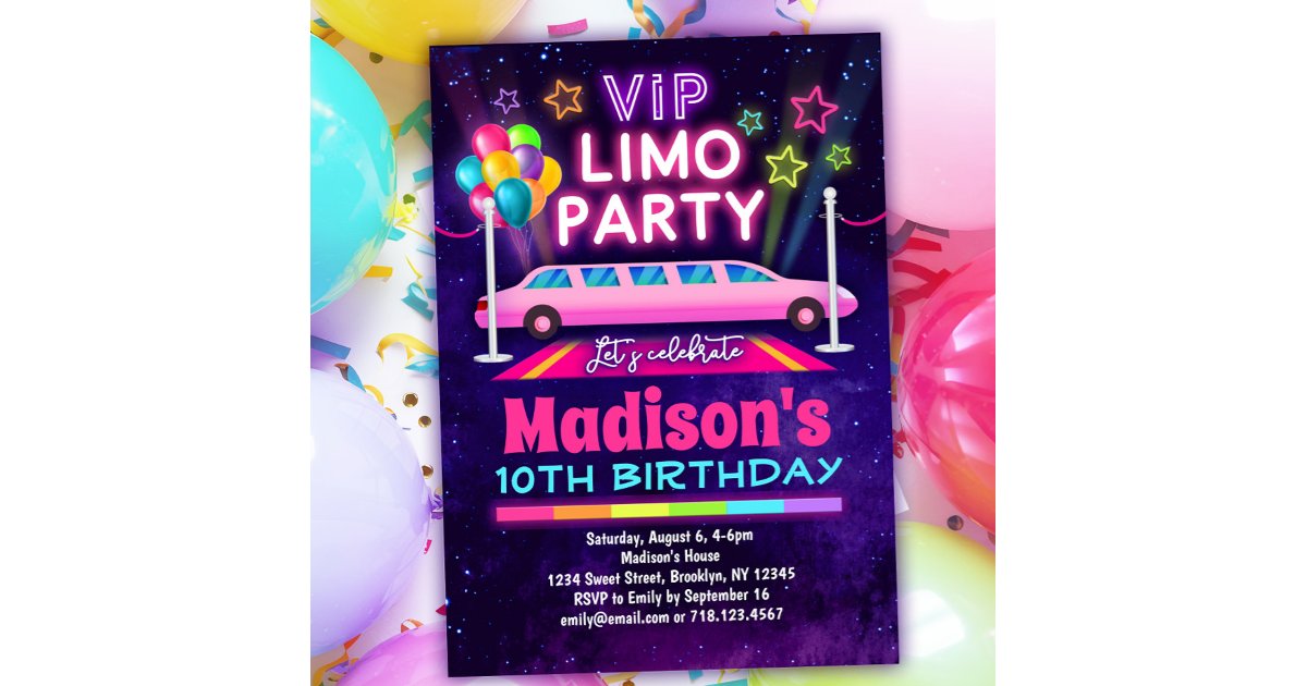 VIP Limo Party Birthday Invitation Rainbow Colours | Zazzle