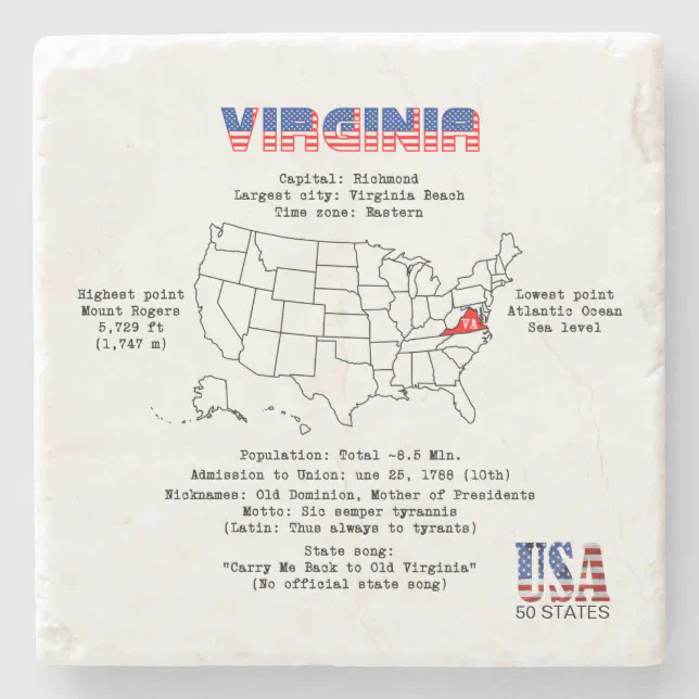 Virginia American State On A Map And Useful Info Stone Coaster Zazzle