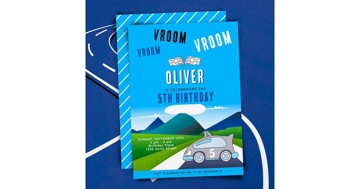 Vroom Vroom Racing Car on a Road Boy Birthday Invitation | Zazzle