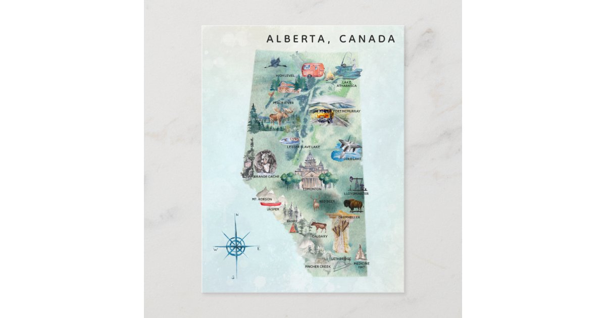Watercolor Alberta Canada Illustrated Map Art Postcard | Zazzle