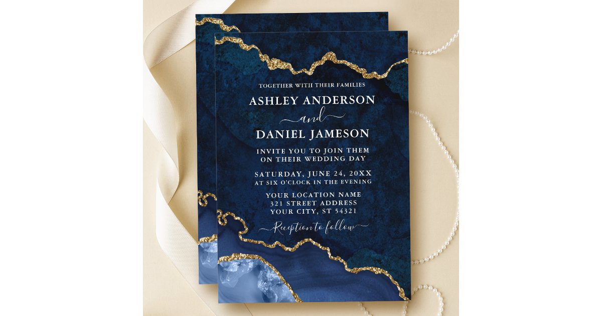 Watercolor Blue Gold Marble Agate Geode Wedding Invitation | Zazzle