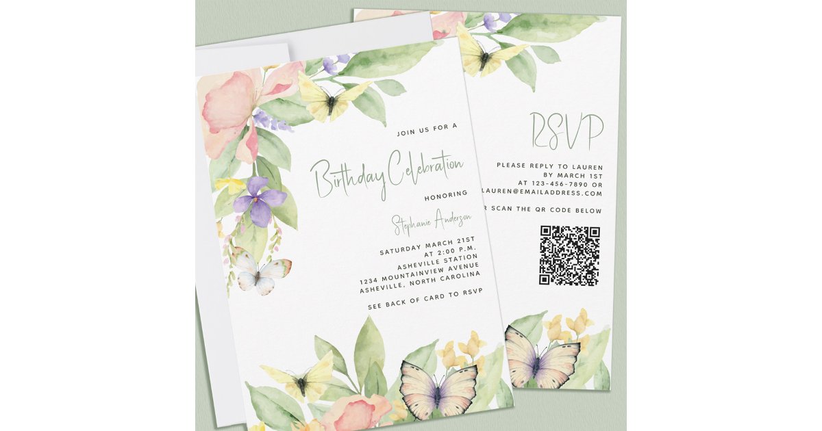 Watercolor Floral Butterfly QR Code Birthday Party Invitation | Zazzle