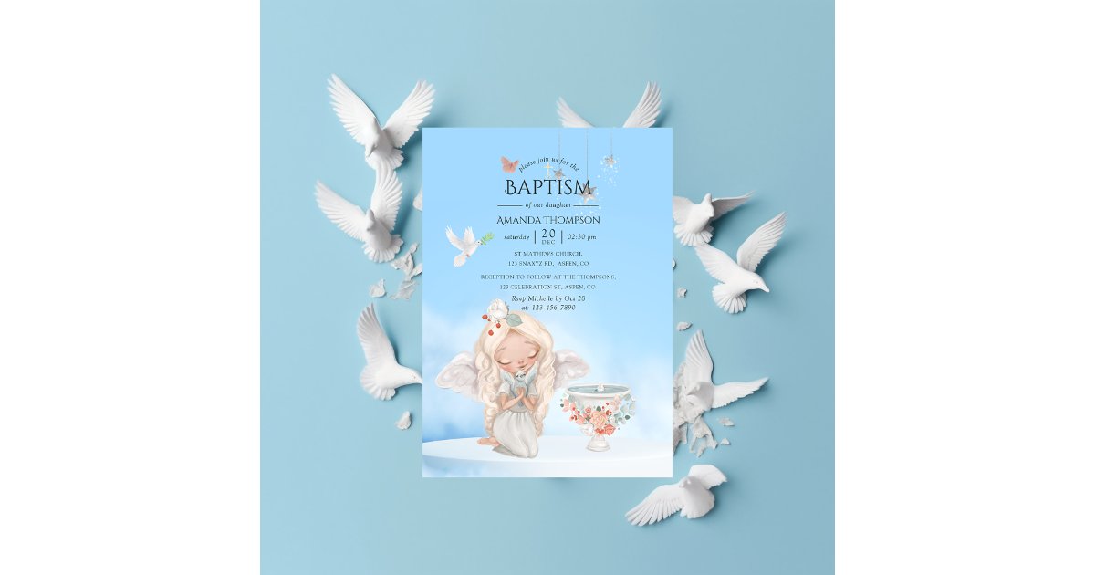Watercolor Girl Angel Baptême Photo Invitation | Zazzle.ca