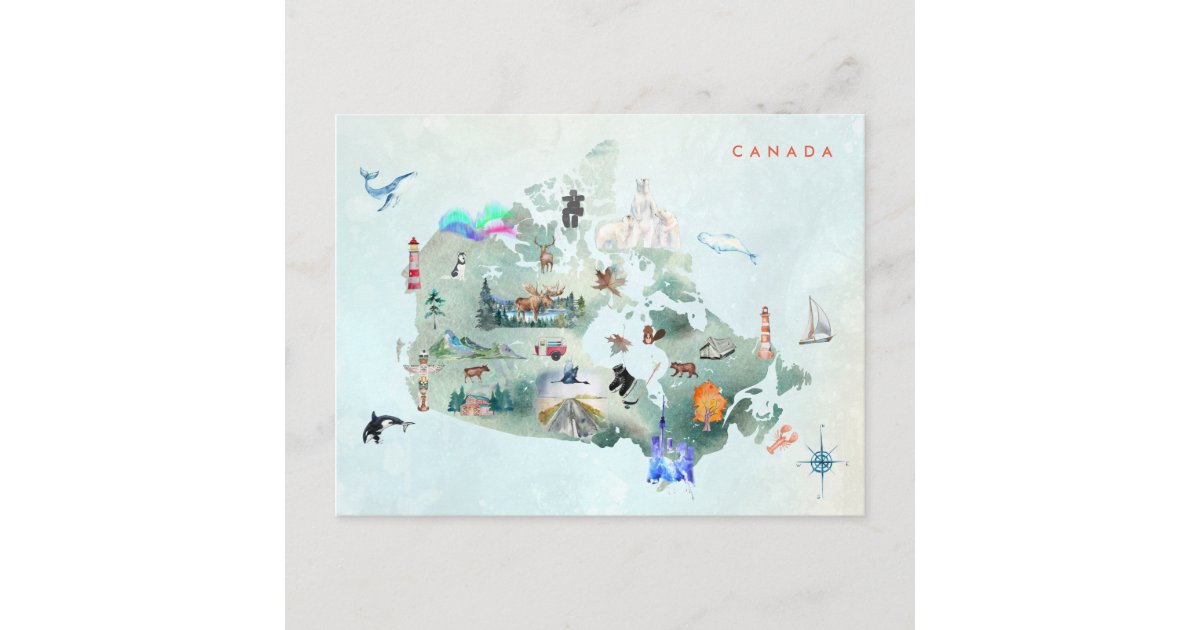 Watercolor Illustrated Map of Canada Art Postcard | Zazzle