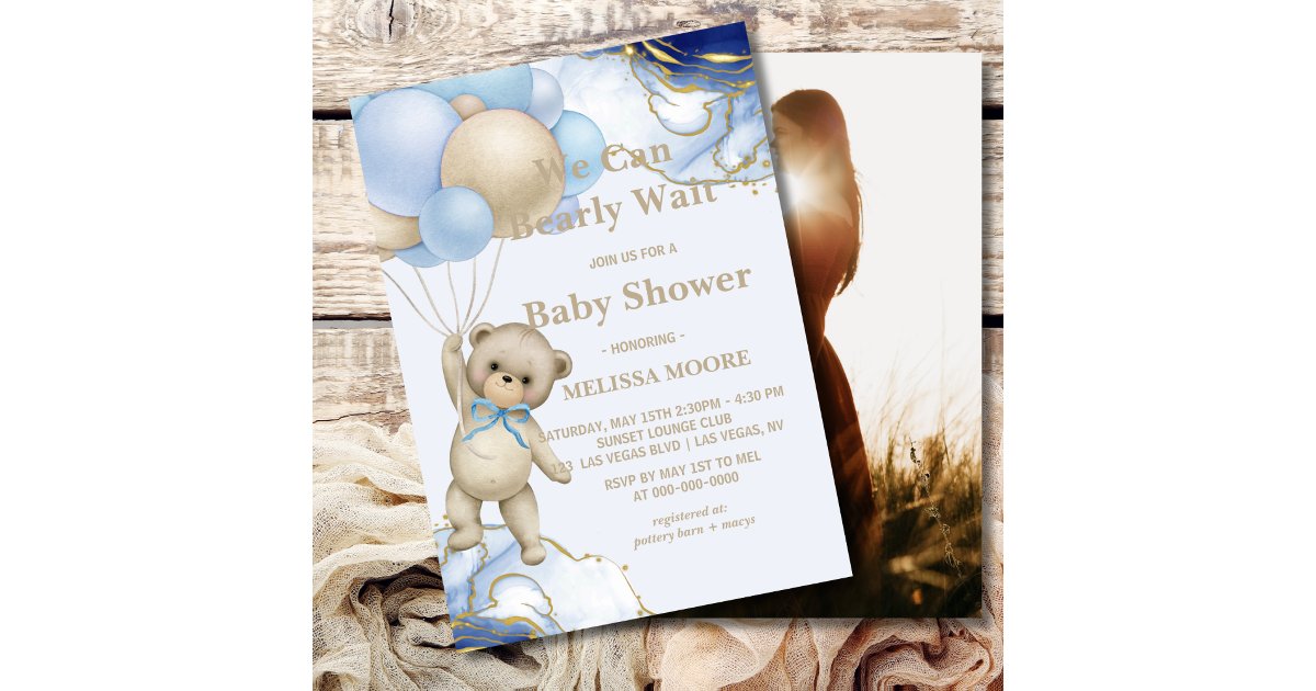 We can bearly wait abstract blue gold photo invitation | Zazzle