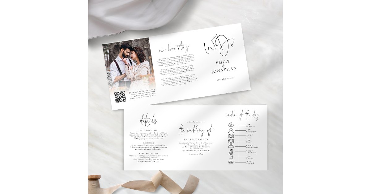 We Do Black White Photo QR Code Timeline Wedding Tri-Fold Invitation ...