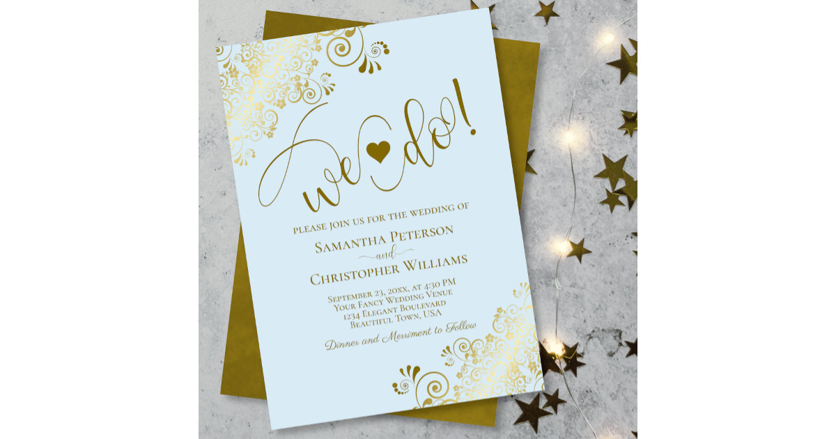 We Do! Elegant Frilly Powder Blue & Gold Wedding Invitation | Zazzle