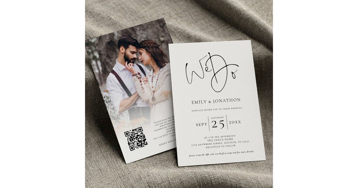 We Do Script Photo Overlay QR Black White Wedding Invitation | Zazzle