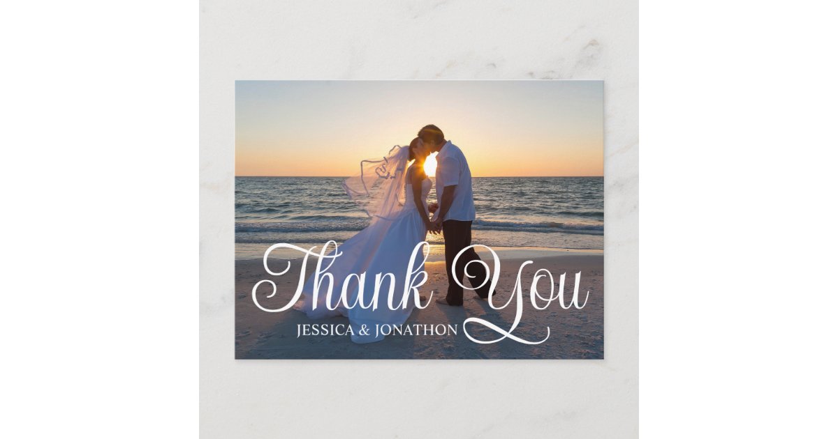 Wedding Photo Curly Calligraphy Thank You Postcard | Zazzle