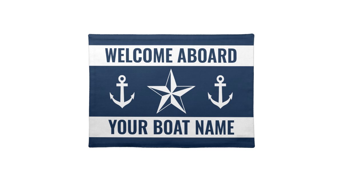 Welcome Aboard navy blue and white nautical symbol Placemat | Zazzle