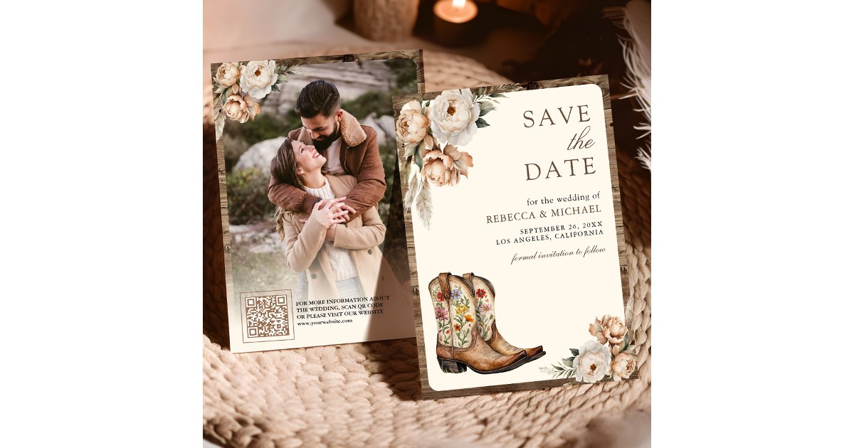 Western Cowboy Boots Photo QR Code Wedding Save The Date | Zazzle