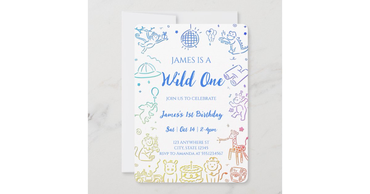 Whimsical Doodle Party Animals 1st Birthday Invitation | Zazzle