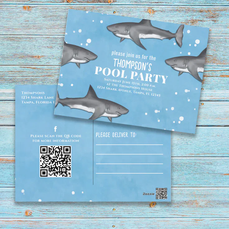 Whimsical Pool Party Sharks QR Code Social Media Postcard | Zazzle