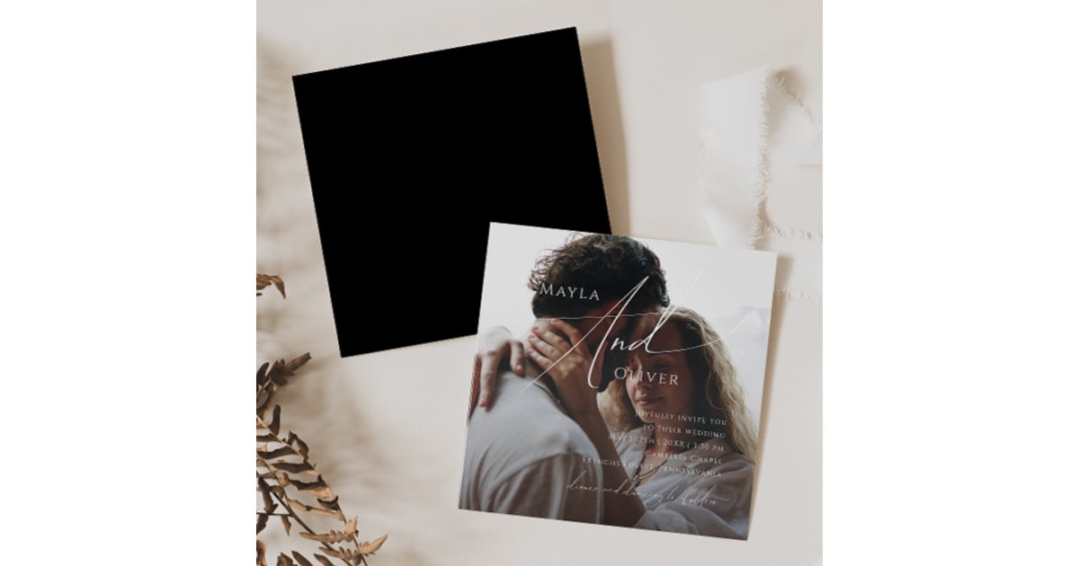 Whimsical Script | Black Square Photo Wedding Invitation | Zazzle