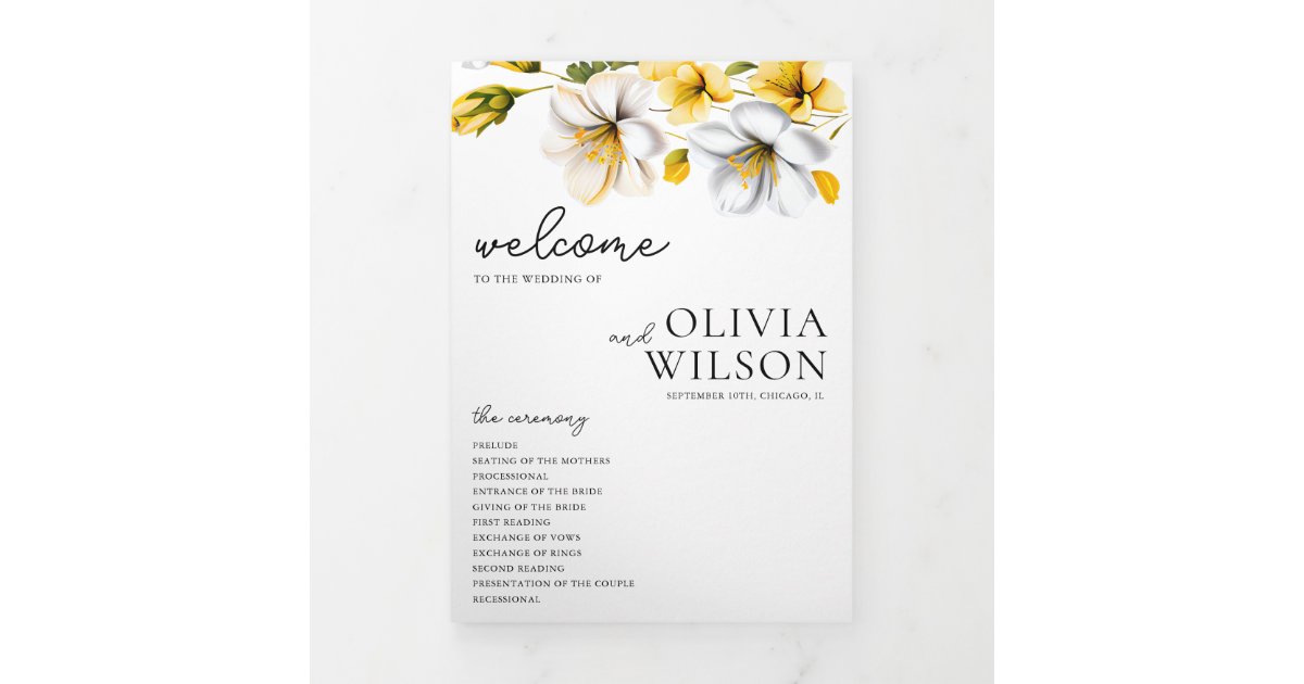 White and Yellow Floral Wedding Program Timeline Tri-Fold Invitation ...