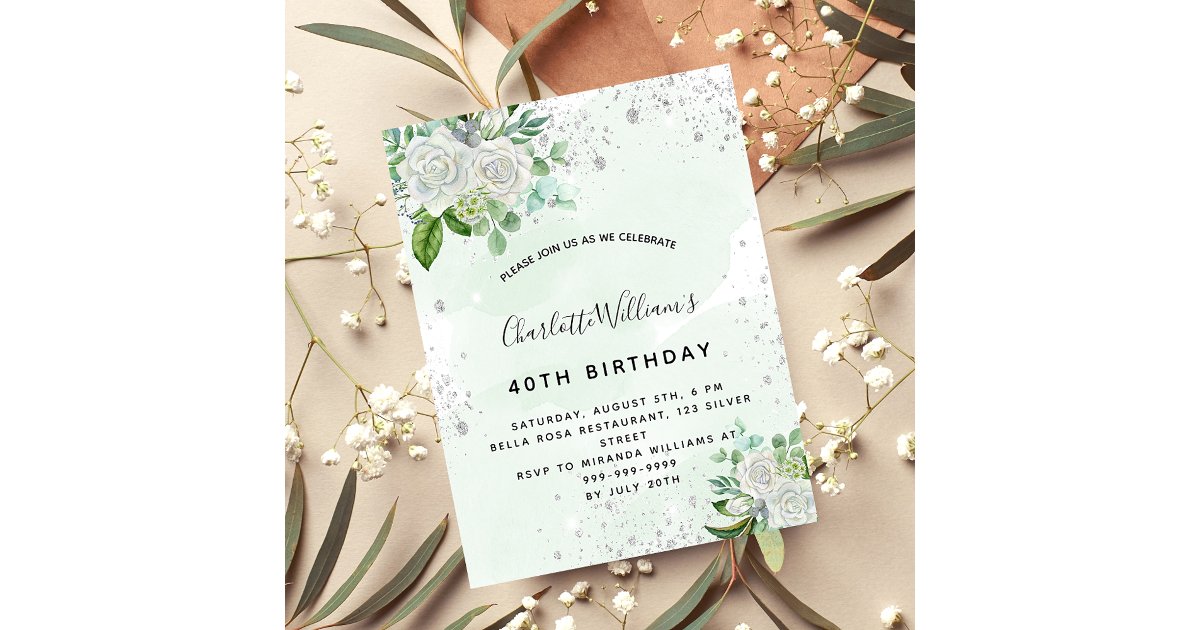 White floral silver greenery birthday invitation | Zazzle