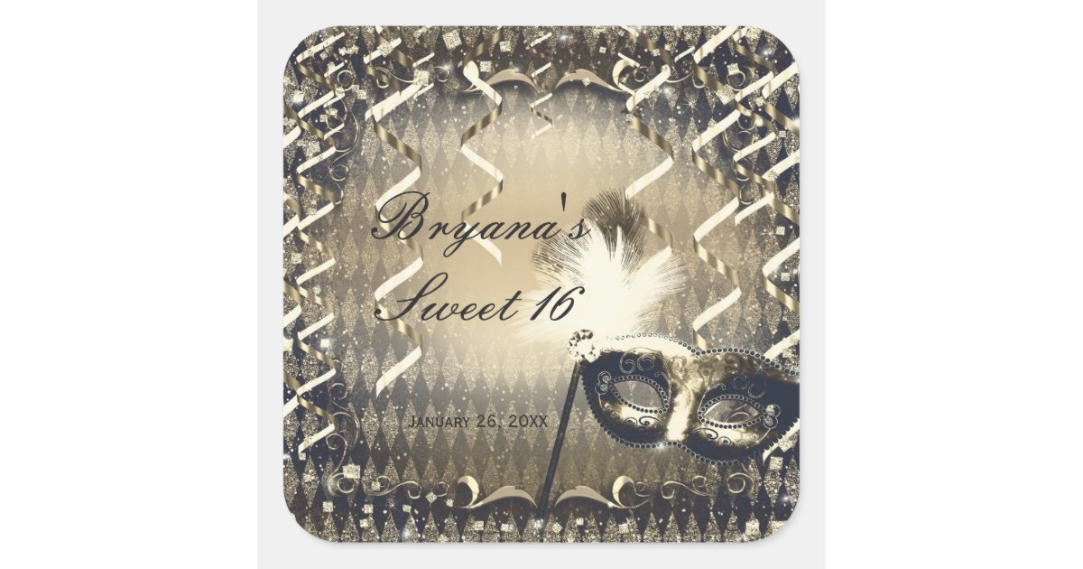 White Gold & Bronze Masquerade Mask Birthday Party Square Sticker | Zazzle