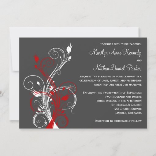 White, Red, Grey Floral Wedding Invitation | Zazzle