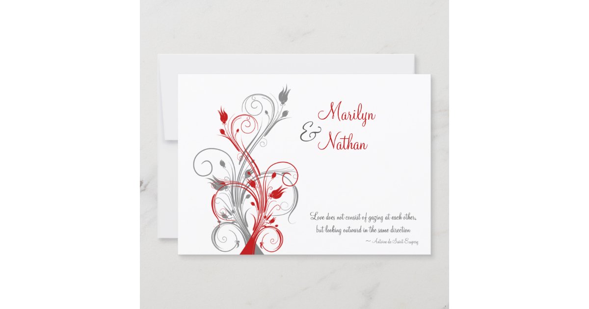White, Red, Grey Floral Wedding Invitation | Zazzle