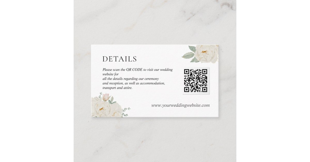 WHITE ROSES SCAN QR Code Wedding Details Enclosure Card | Zazzle
