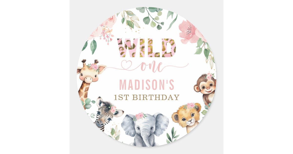 Wild One Safari Animal Blush Floral 1st Birthday Classic Round Sticker ...
