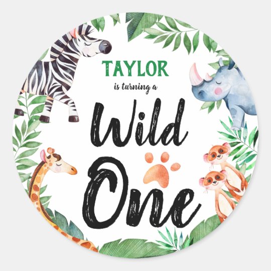 Wild One Safari Animal Kids 1st Birthday Party Classic Round Sticker ...
