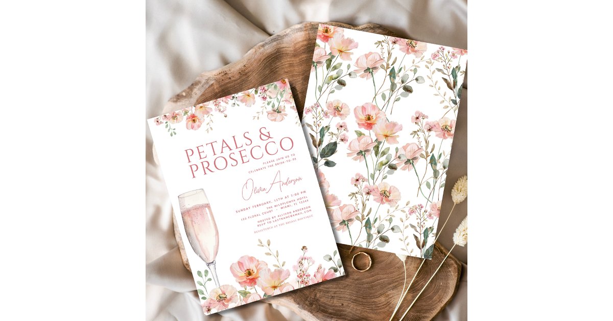 Wildflower Petals & Prosecco Blush Bridal Shower Invitation | Zazzle