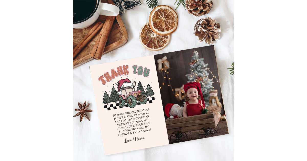 Winter Christmas Truck Birthday Party Photo Thank You Card | Zazzle