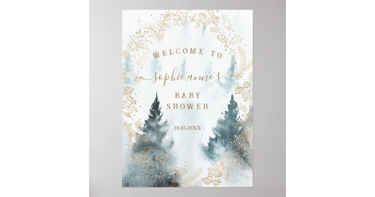 Winter Scenery Gold Baby Shower Welcome Sign | Zazzle