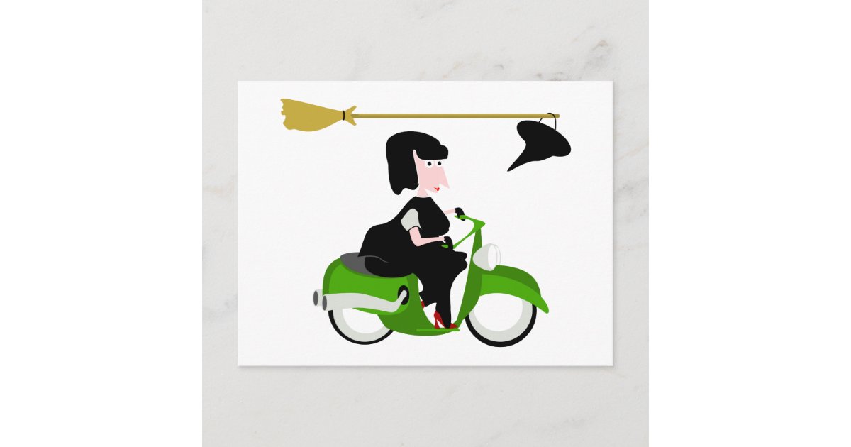 Witch Riding A Green Moped Postcard | Zazzle