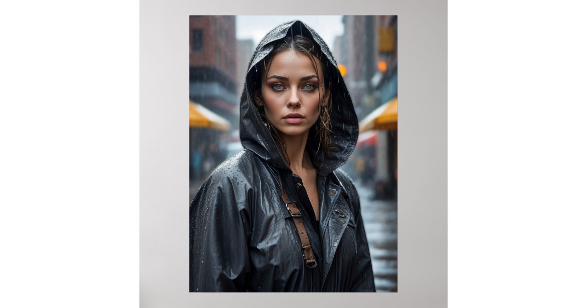 Woman portrait wearing raincoat standing on street poster | Zazzle