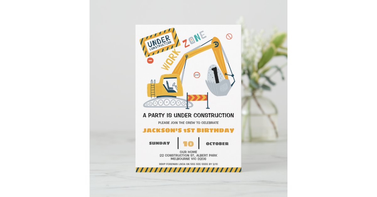 Work Zone Excavator Under Construction Birthday Invitation | Zazzle