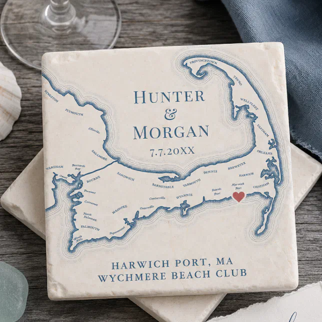 Wychmere Beach Club Wedding Favour Cape Cod Map Stone Coaster | Zazzle