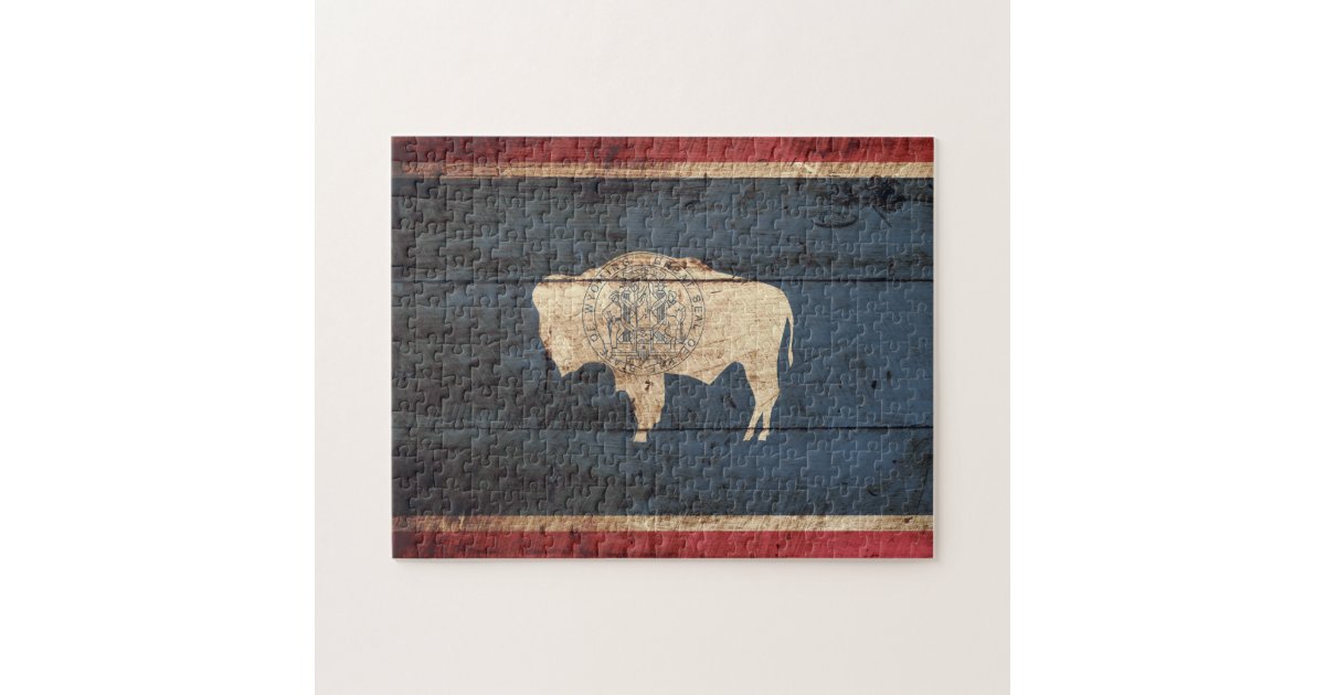 Wyoming State Flag on Old Wood Grain Jigsaw Puzzle | Zazzle