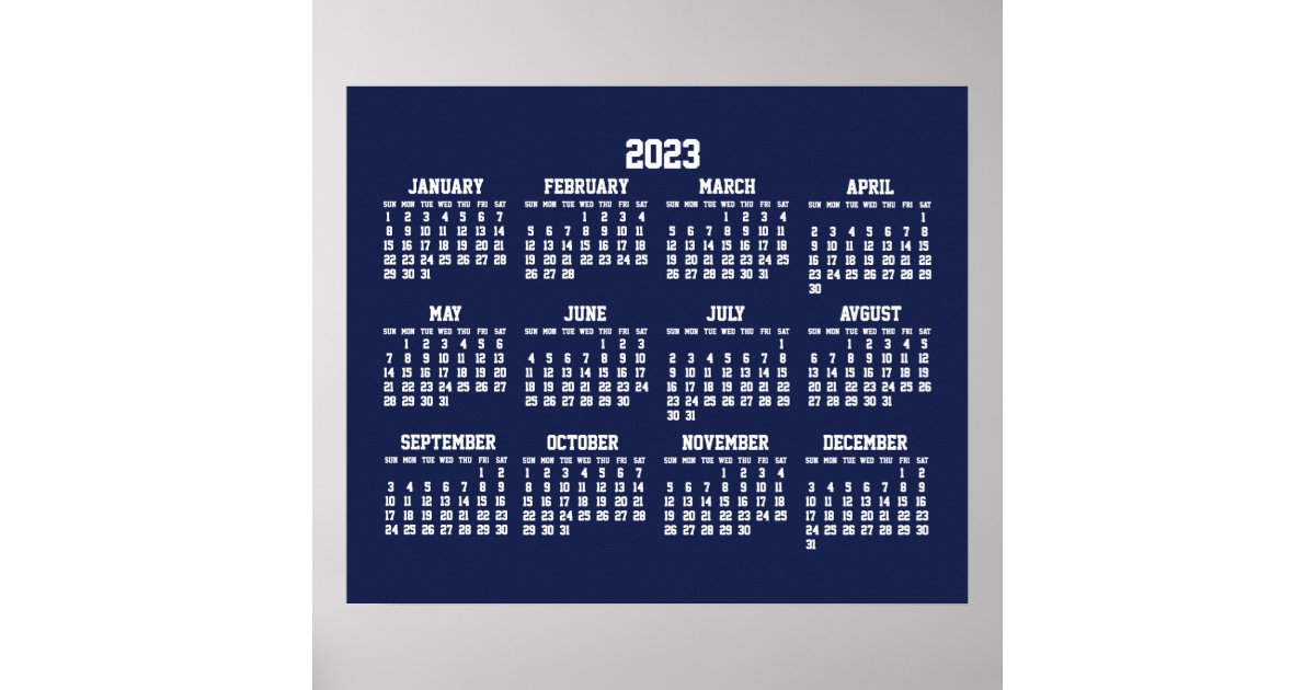 Yearly Blue Calendar 2023 Poster | Zazzle