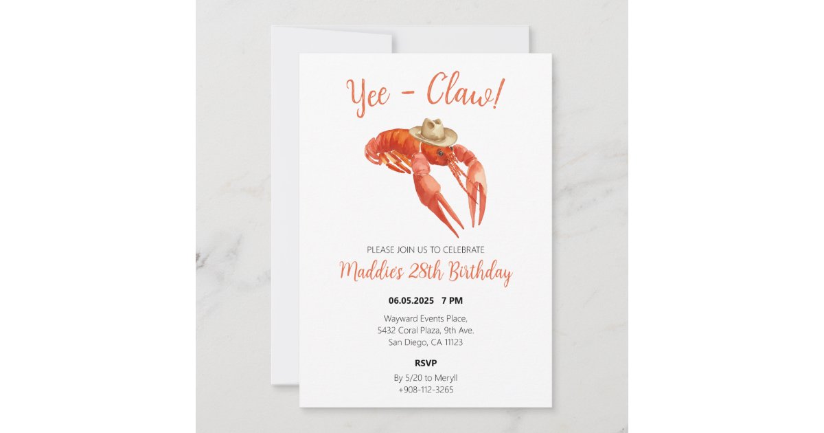 Yee Claw Crawfish Boil Watercolor Birthday Invitation | Zazzle