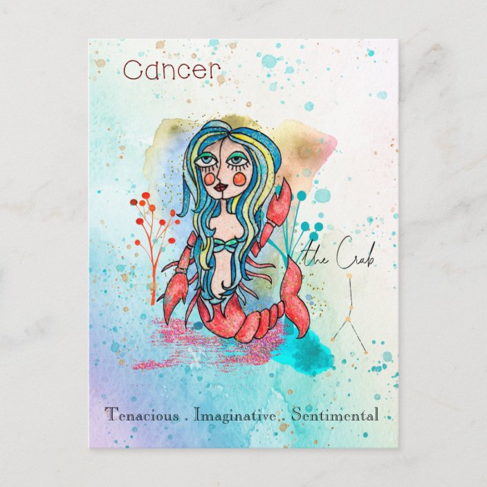 Zodiac Sign Cancer Whimsical Girl Symbolic Crab Postcard | Zazzle.ca